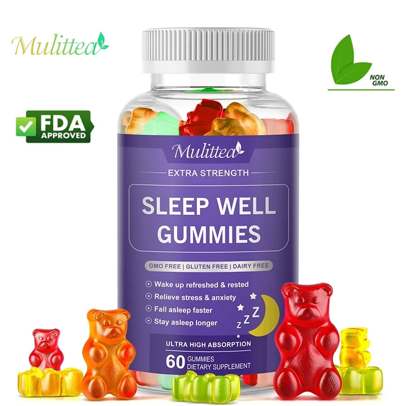 Mulittea Sleep Well Gummies 60 ชิ้น Gummies รองรับการนอนหลับที่ดี, ช่วยลดความเครียด, ปลอบประโลม ...