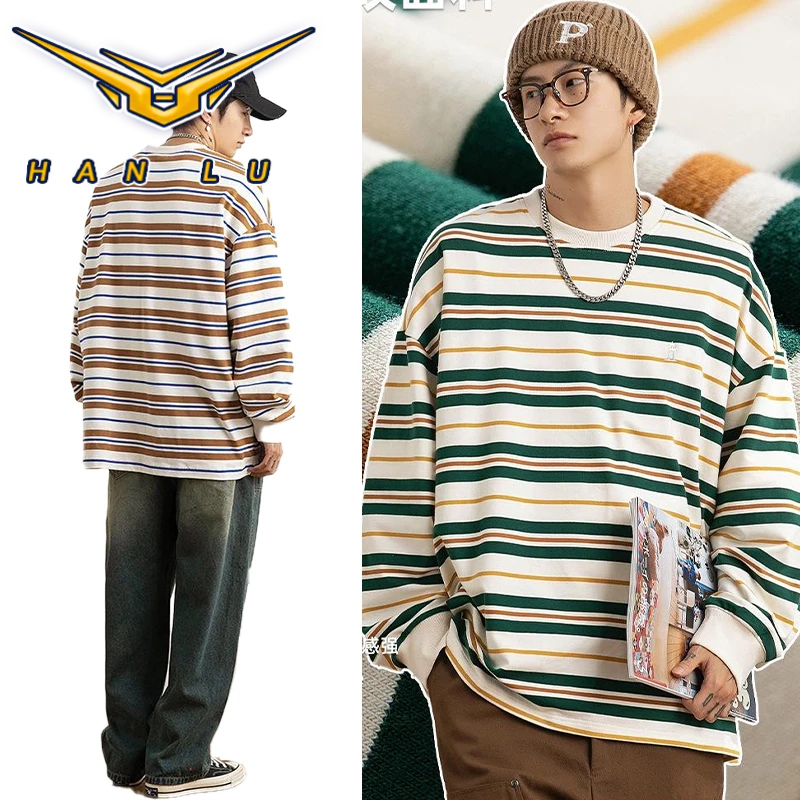 HANLU เสื้อยืดแขนยาวผู้ชายลายผ้าฝ้ายหลวมสไตล์ญี่ปุ่นเรียบง่ายหลวมด้านบน ...