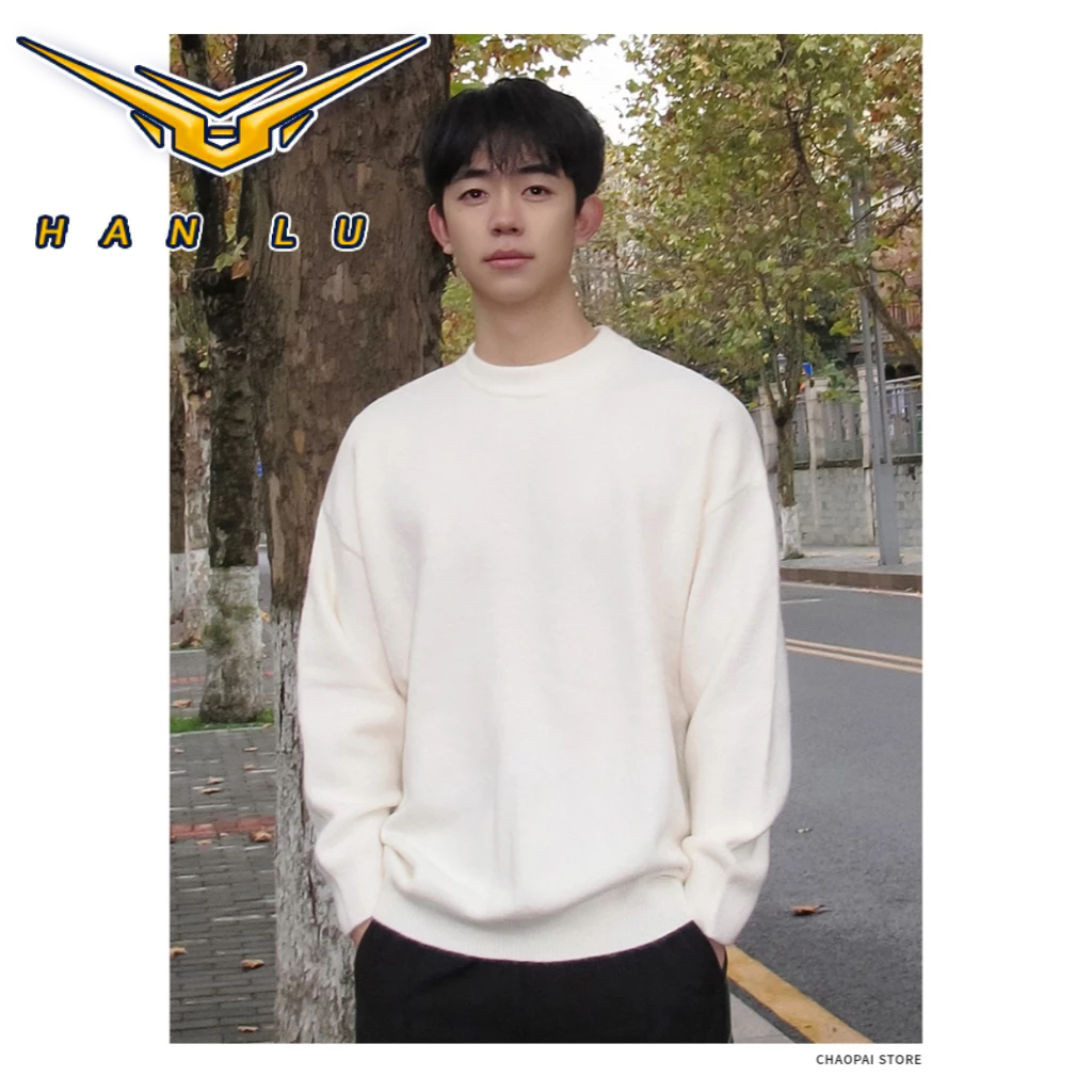 HANLU เสื้อกันหนาวผู้ชายสีทึบเรียบง่ายสไตล์เกาหลีลําลองหลวมรอบคอ สูงสุด ...