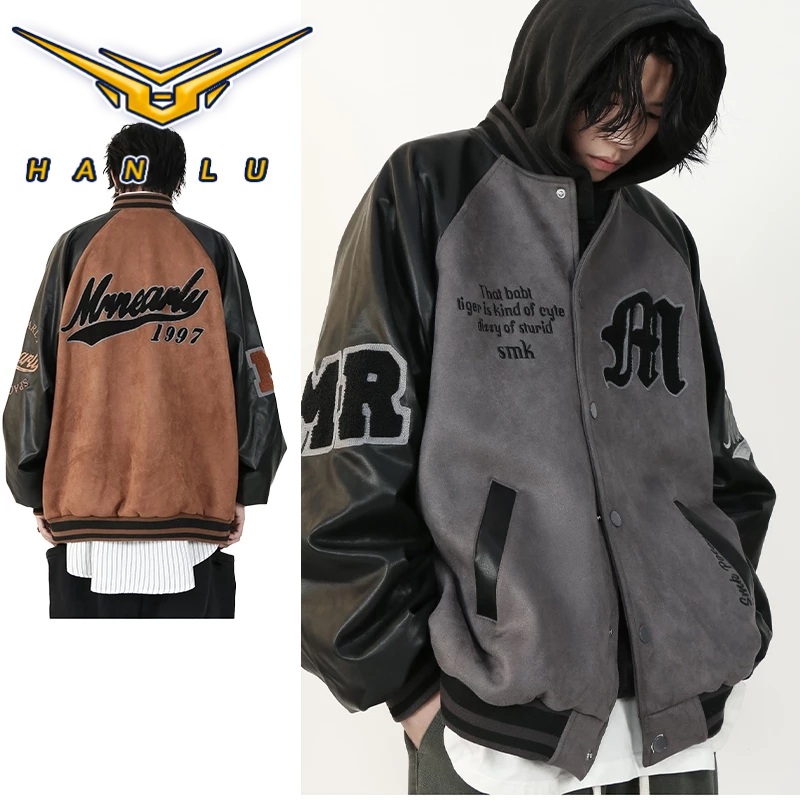 HANLU เสื้อแจ็คเก็ตผู้ชายสไตล์อเมริกันย้อนยุคสีตัดกันปักหนังนิ่มเย็บชุด ...