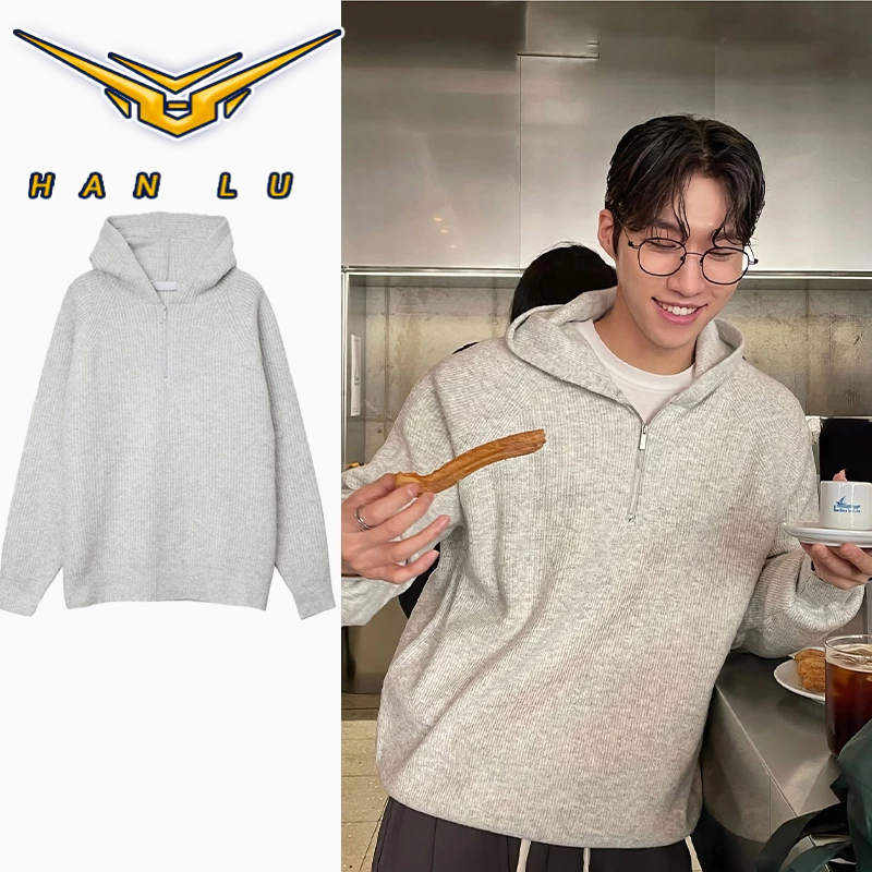 HANLU เสื้อกันหนาวมีฮู้ดผู้ชายแขนยาวสีทึบสไตล์เกาหลีลําลองหลวม สูงสุด ...