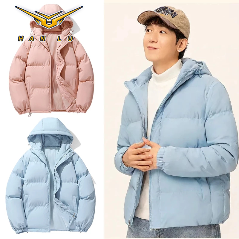 HANLU เสื้อแจ็คเก็ตผ้าฝ้ายมีฮู้ดฤดูหนาวด้านบนผู้ชายสีทึบเรียบง่ายหลวม ...