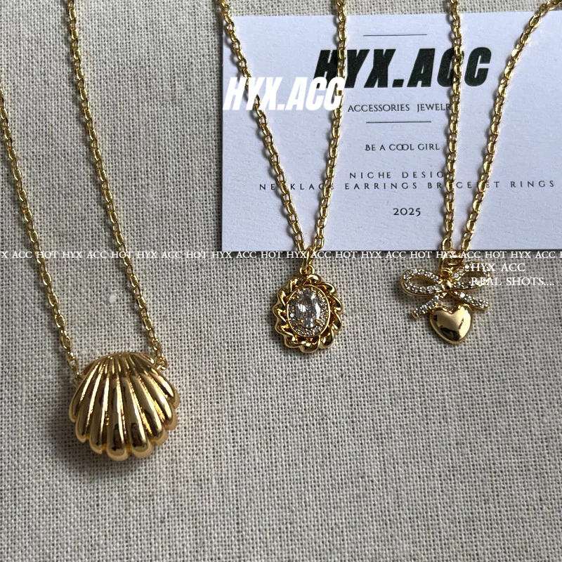 สร้อยคอผู้หญิง Simple Sweet Cool Shell Bow Zircon 118K สร้อยคอทอง ...