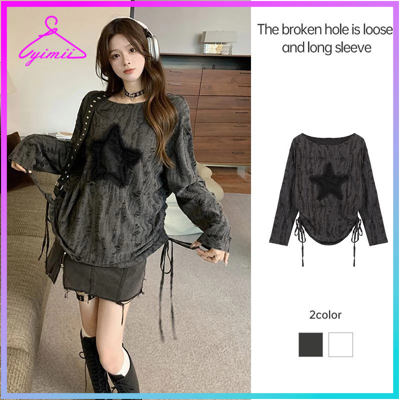 Yimii.th 】Drawstring เสื้อยืดแขนยาวหลวมสาวร้อนเสื้อยืดปิดไหล่ Hollow ...