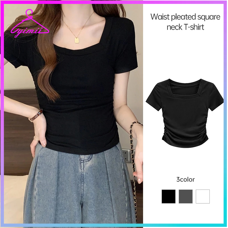 Yimii.th 】 จีบสแควร์คอแขนสั้นเสื้อยืดผู้หญิงเอว Retraction Top Slim ...