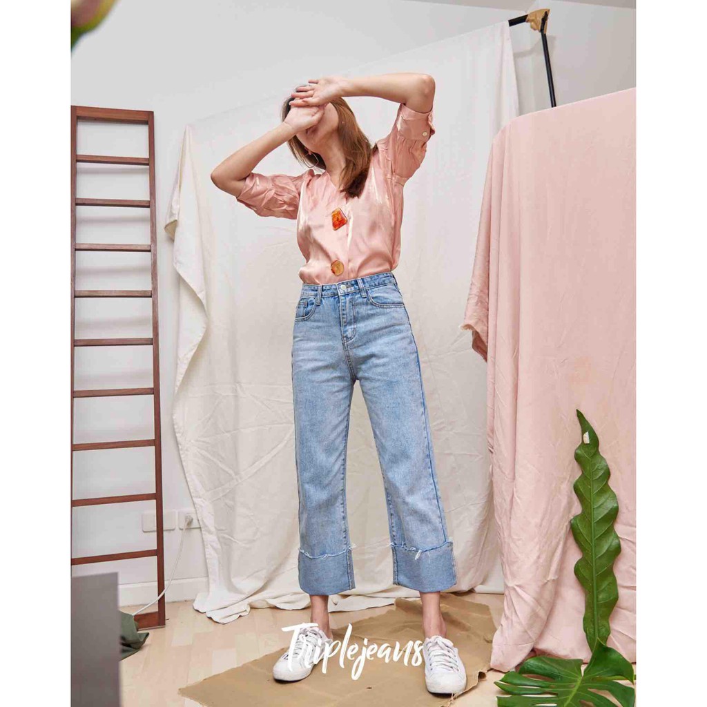 Triple Jeans : TJ43 กางเกงยีนส์เอวสูงขากระบอกพับขา | Shopee Thailand