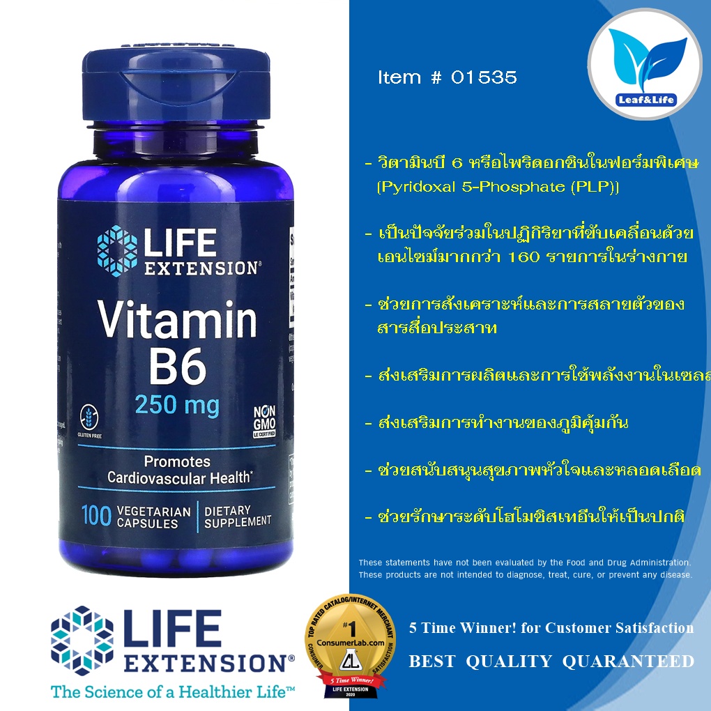 Life Extension Vitamin B6 250 mg / 100 Vegetarian Capsules | Shopee ...