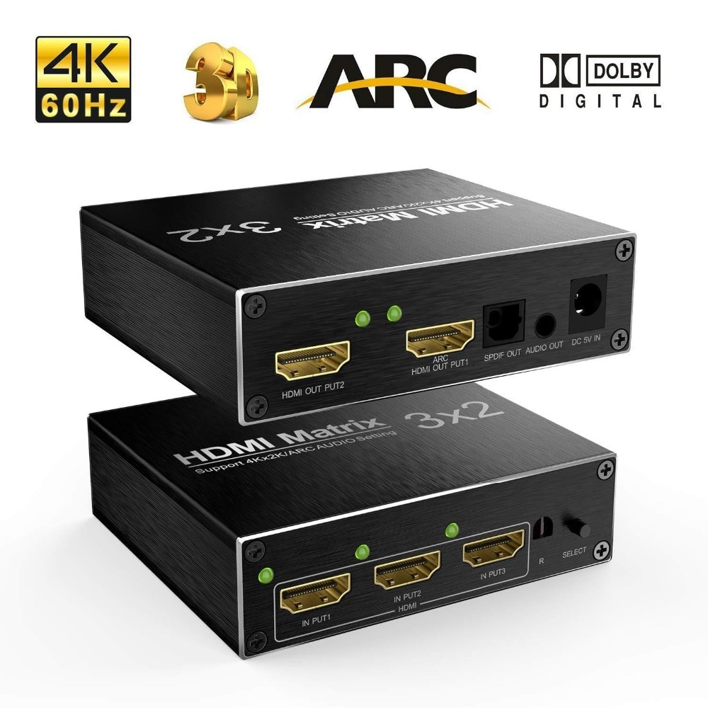 4K HDMI Splitter 60Hz Ultra HD 3X2 Matrix Switcher Switch R/L+ARC 3 ...