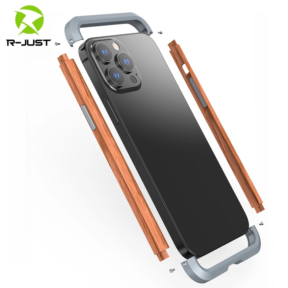 [R-JUST] กันชนโลหะ + Rose Wood Case สําหรับ iPhone 16 15 14 13 12 Pro ...