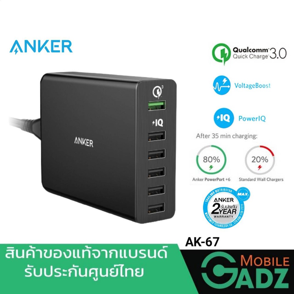 หัวชาร์จไฟบ้าน ปลั๊กชาร์จ AK67 ที่เสียบชาร์จ Anker PowerPort+ 6 with ...