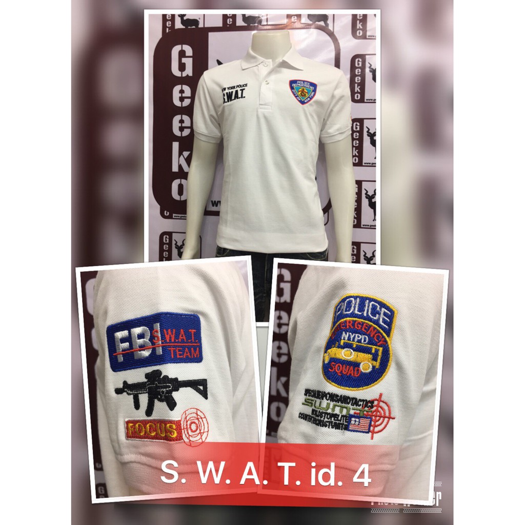 เสื้อโปโล ปักรูปปืน ยี้ห้อ Geeko ของแท้ ผลิตด้วยผ้า TC สีขาว ไซด์ XL | Shopee Thailand