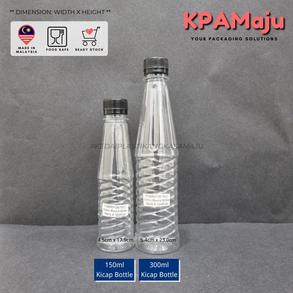 Botol Kicap + ฝาดํา (150ml, 300ml) - พลาสติกขวดกลม ซอส Botol ...