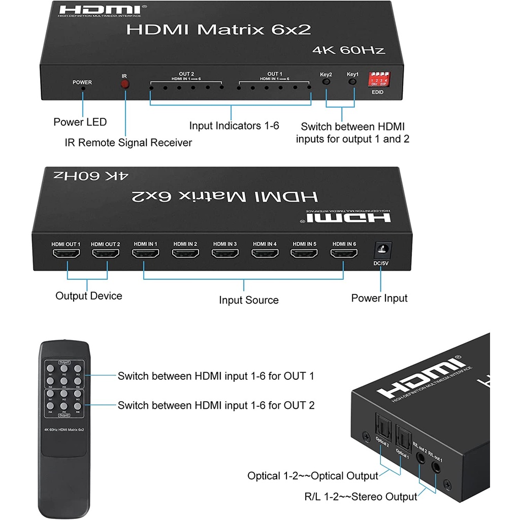 4k 60Hz 6x2 hdmi matrix สวิทช์แยกเสียงวิดีโอ hdmi 6x2 4x2 2x4 4x4 พร้อม ...