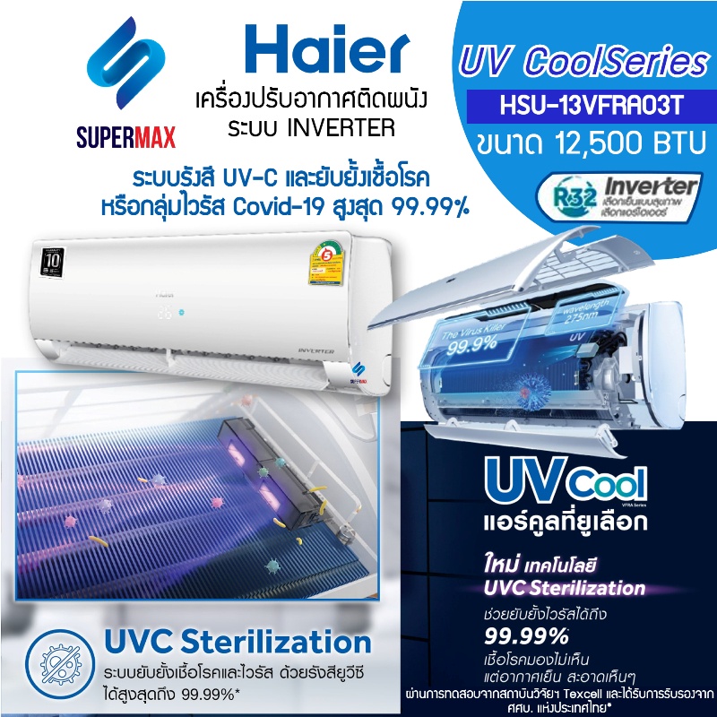 Haier แอร์ติดผนังระบบ Inverter +UV Cool +ฟอกอากาศ+WIFI ขนาด 12,500 BTU รุ่น HSU-13VFRA03Tรับ ...