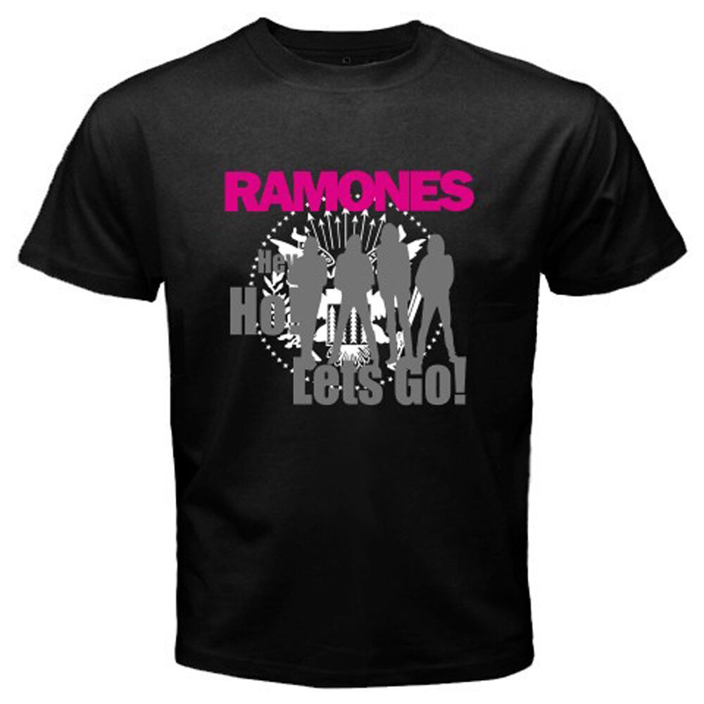 ใหม่เสื้อยืดผู้ชายสีดําพิมพ์ลาย The Ramones Hey Ho Lets Go Rock Band