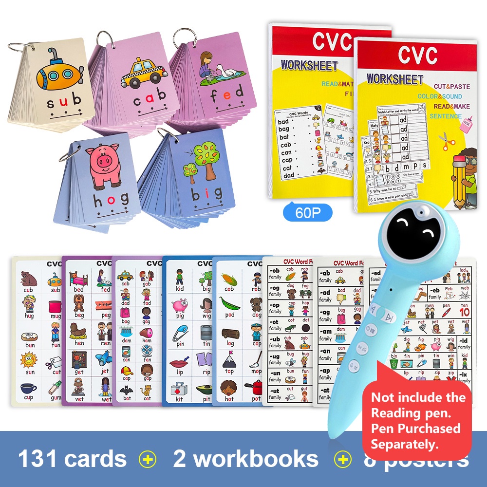 Full Set of Phonics CVC Words Flashcards + Workbooks + Posters Language ...