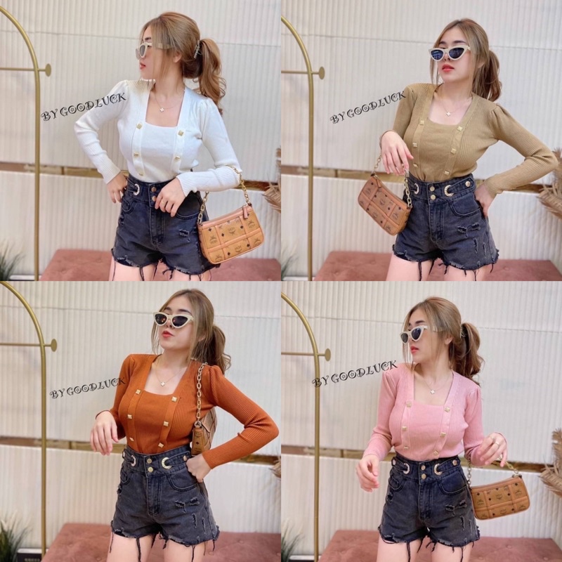 🌈MesubShop🌈 เสื้อคอเหลี่ยม แขนยาว 💚💛กระดุมทอง เสื้อไหมพรม รางวัล B-011-1-B | Shopee Thailand