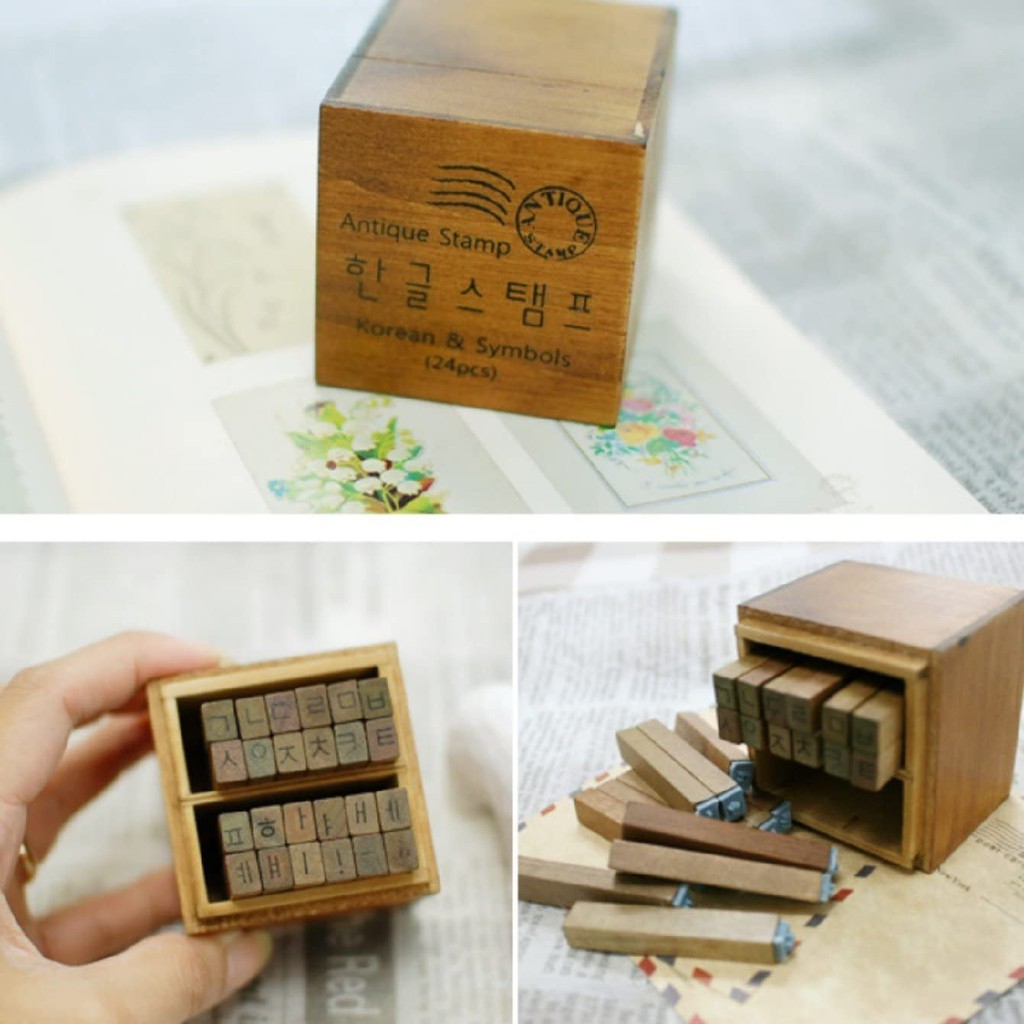 Korean Alphabet (Hangul) Rubber Stamp Letters Characters Wooden Box ...