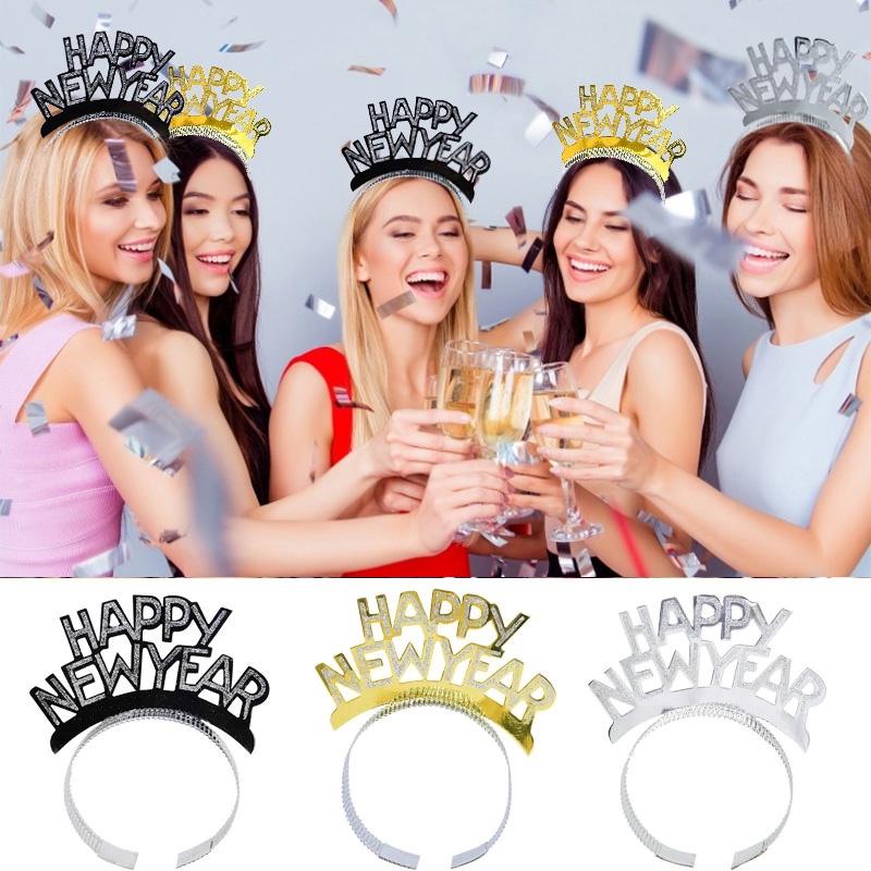 Happy New Year Headband Glitter Gold Silver Hairbands Photo Props For ...