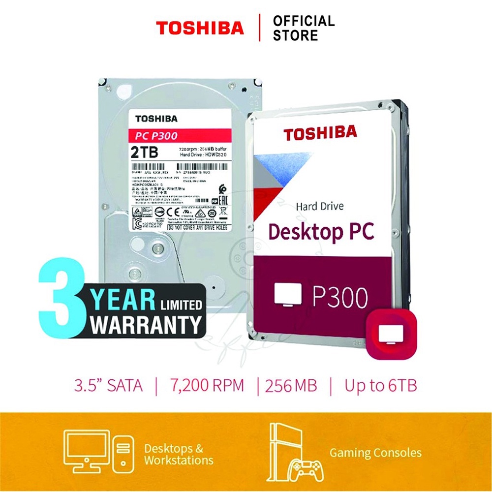 Toshiba INT PC HDD (2TB) 3.5" SATA(P300) TSB-HDWD320UZSVA :7200RPM C/B 256MB Desktop Internal ...