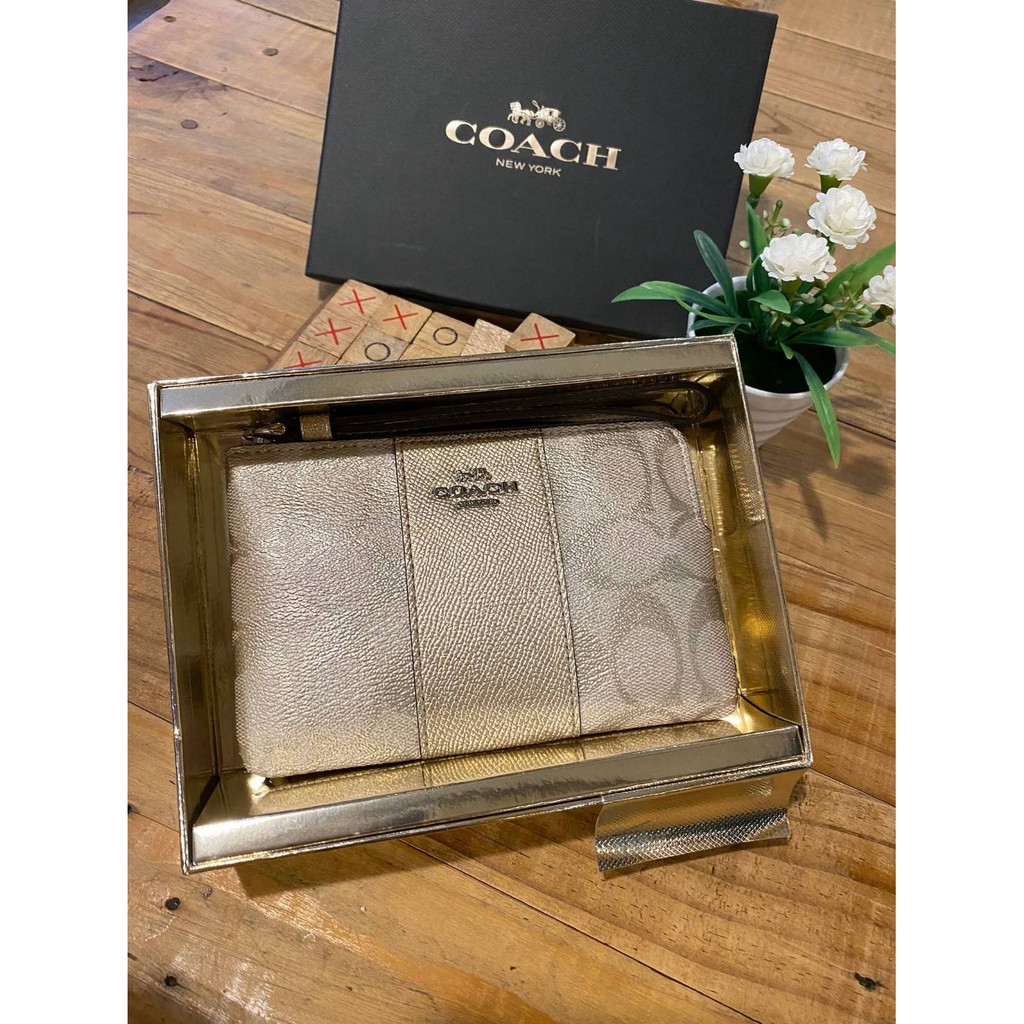 COACH BOXED CORNER ZIP WRISTLET IN SIGNATURE CANVAS WITH STRIPE ...