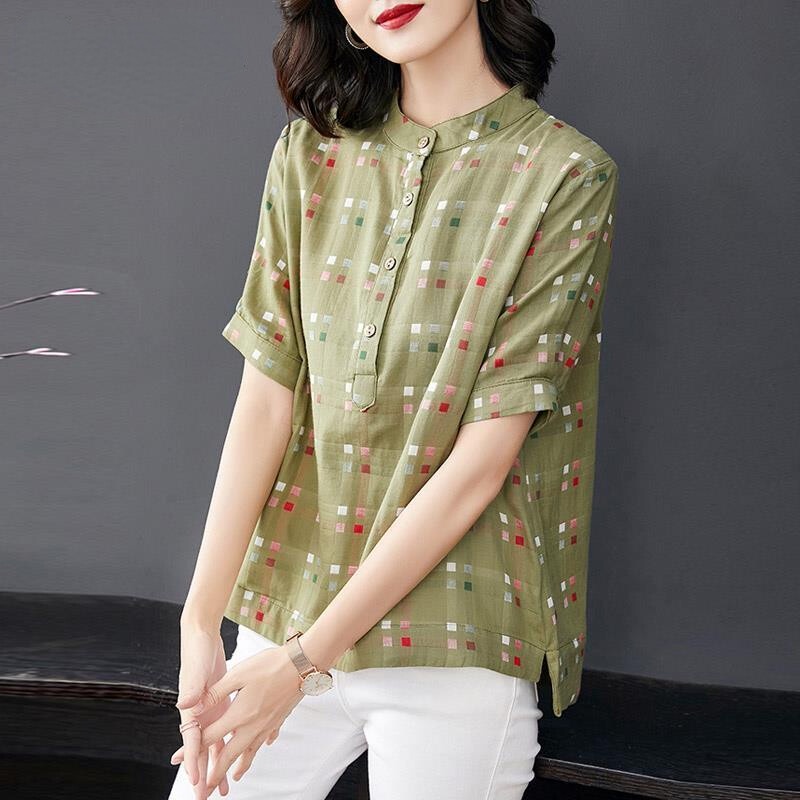 เสื้อเบลาส์ลําลอง ผ้าฝ้าย แขนสั้น คอกลม ทรงหลวม ลายสก๊อต พลัสไซซ์ สไตล์ ...