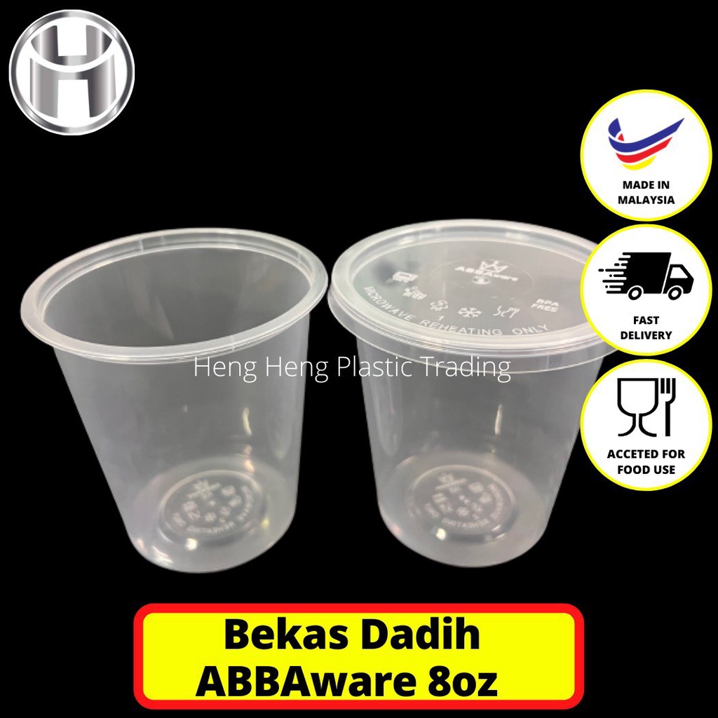 Bekas Dadih tebal 8oz PP Round Container 100pcs ABBA A8 ภาชนะบรรจุอาหาร PP พลาสติกแบบใช้แล้วทิ้ง ...