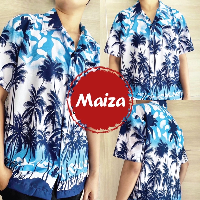 (ร้านค้าส่งไว) เสื้อฮาวาย ลาย มพพร้าวดำฟ้า วินเทจ โอเวอร์ไซส์ ผ้าไหมอิตาลี ชายหญิงใส่ได้ ไซส์ M ...