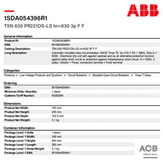 ABB - 1SDA054396R1 T5N 630 PR221DS-LS/I IN=630 3P F F | Shopee Thailand