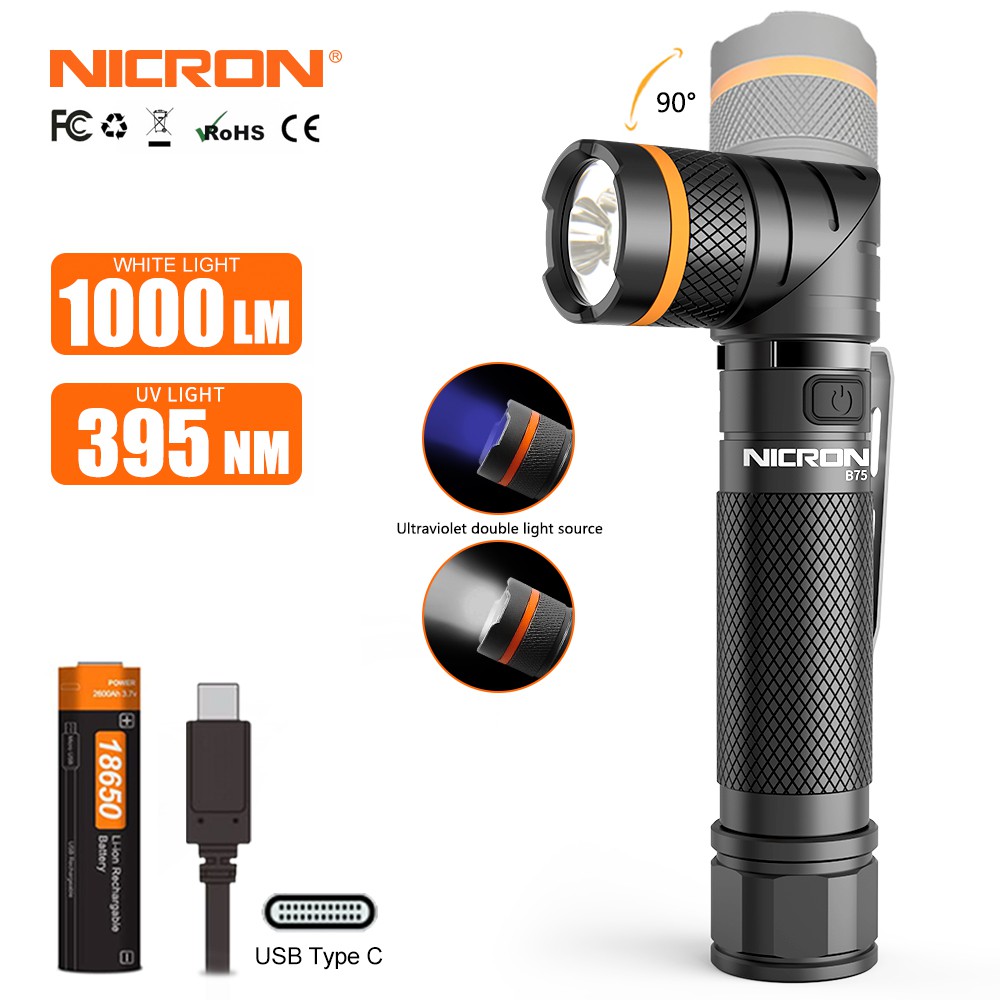 Nicron ไฟฉาย LED B75 แม่เหล็ก หมุนได้ 90 องศา 395nm UV/ WhiteFlashlight ...