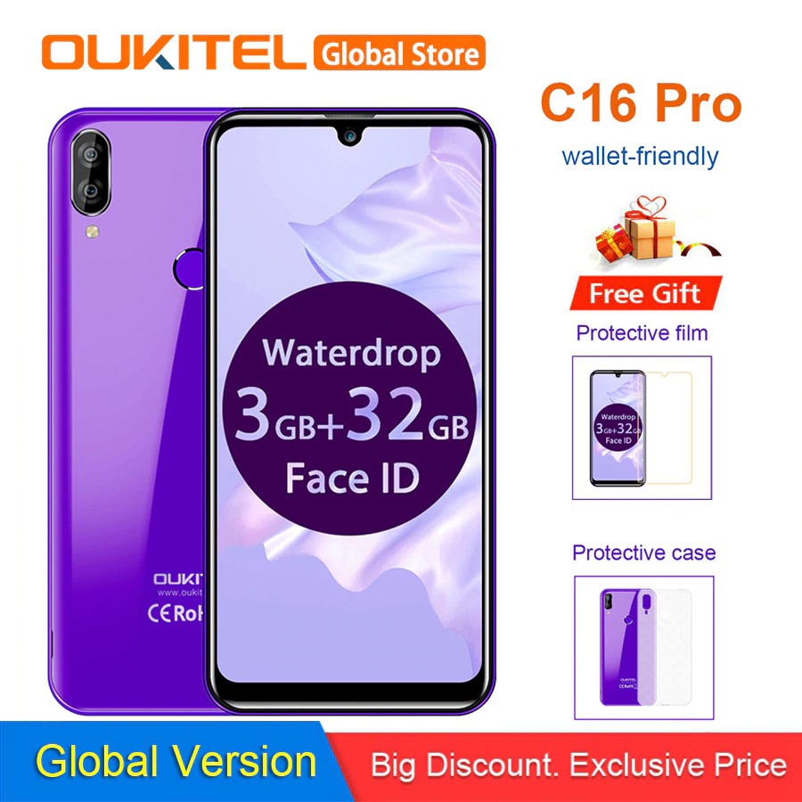 OUKITEL C16 Pro 5.71 ''Android 9.0 19:9 MT6761P 3GB 32GB สมาร์ทโฟนลายนิ้วมือ Face ID Waterdrop ...