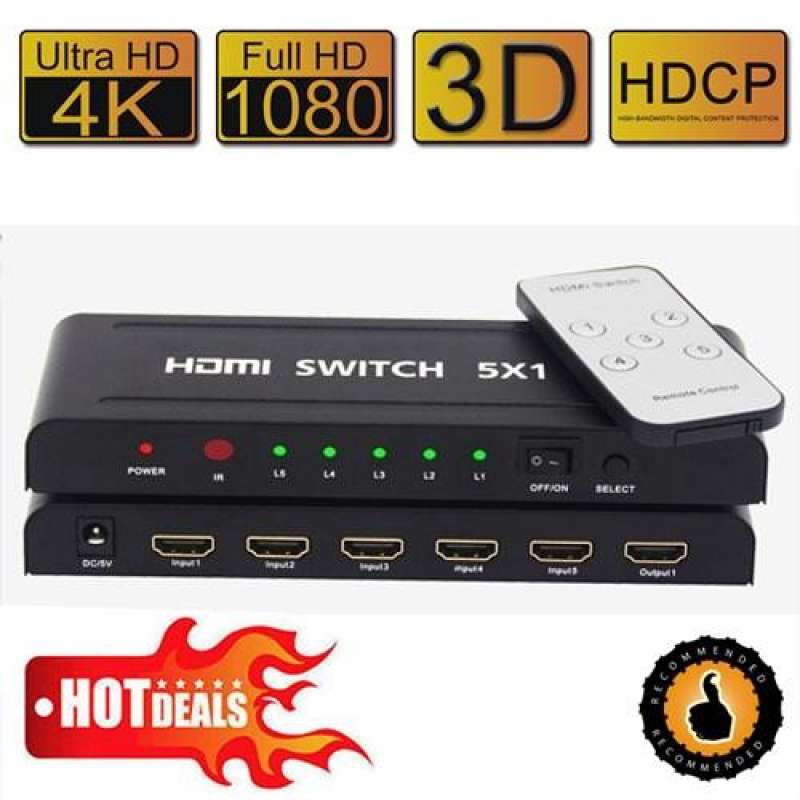 5x1 HDMI Switch Switcher Splitter HD 4K*2K 1080P 5-in 1-out Video Hub ...