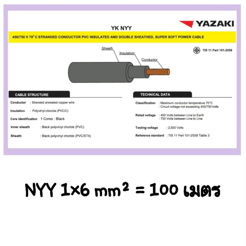 THAI YAZAKI YK NYY 1X6 mm² = 100 เมตร กดสั่งครั้งละ 1 ขด | Shopee Thailand
