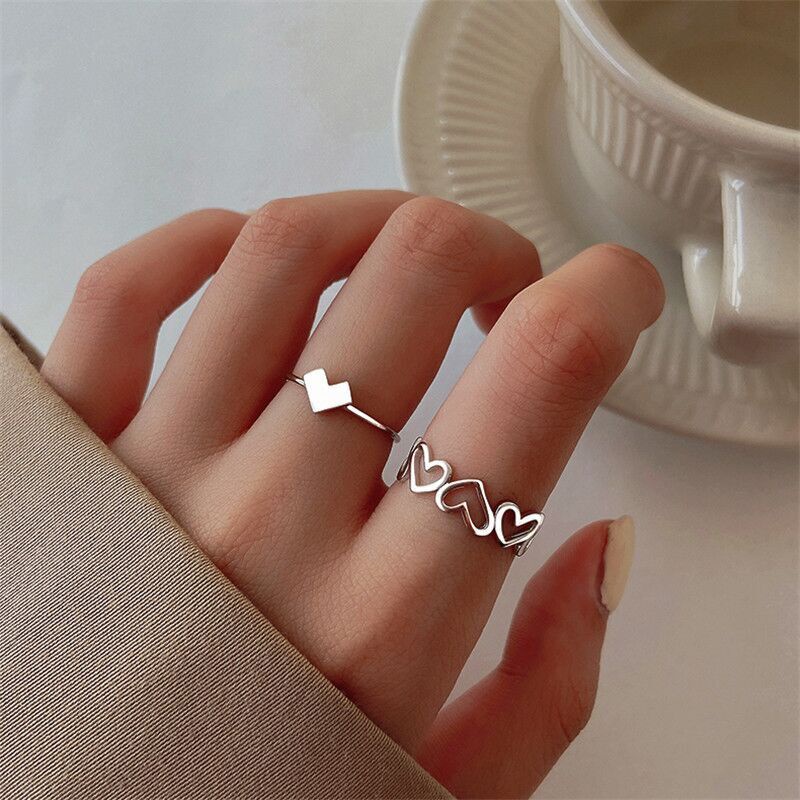 #New Arrival# Fashion Silver Alloy Hollow Out Heart Finger Rings 2Pcs ...