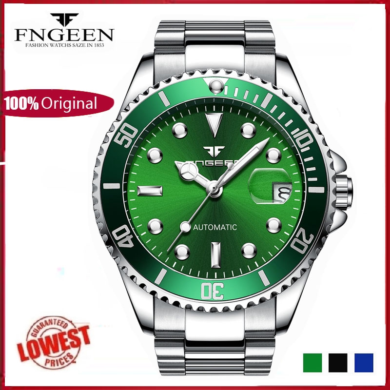 FNGEEN นาฬิกาเรืองแสงสีดำน้ำผีผู้ชายนาฬิกาจักรกลอัตโนมัติสีเขียวน้ำผี ...