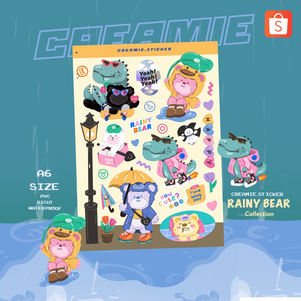🌈 Rainy bear sticker 💘A6 สติ๊กเกอร์ไดคัท PVC - creamie's | Shopee Thailand