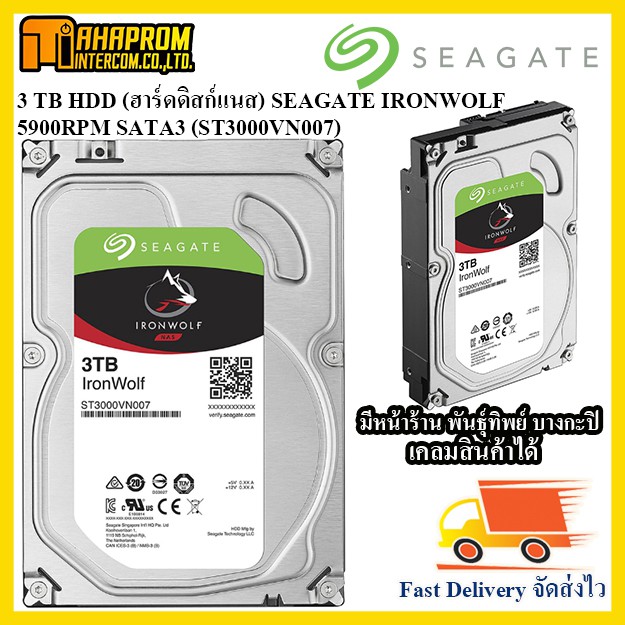 3 TB HDD (ฮาร์ดดิสก์แนส) SEAGATE IRONWOLF 5900RPM SATA3 (ST3000VN007 ...