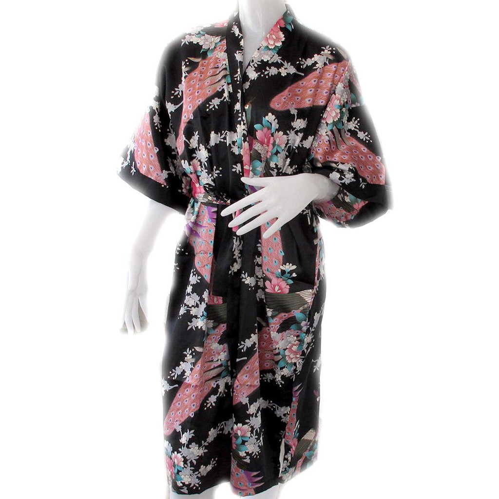 ชุดนอนเสื้อคลุม สไตล์กิโมโน ลายนกยูง สีดำ | Shopee Thailand