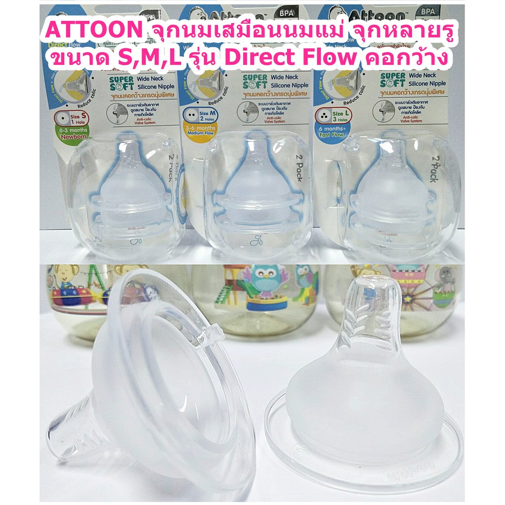 ATTOON จุกนมเสมือนนมแม่คอกว้าง จุกนมธรรมชาติ ขนาด S,M,L รุ่น Direct Flow คอกว้าง (1แพ็ค2ชื้น ...