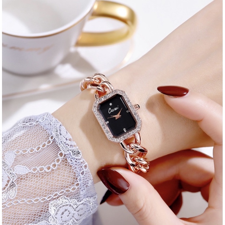 นาฬิกา cacaxi กรอบเพชร สายโซ่สี rosegold (ขนาดอยู่รูปสุดท้ายค่ะ ...