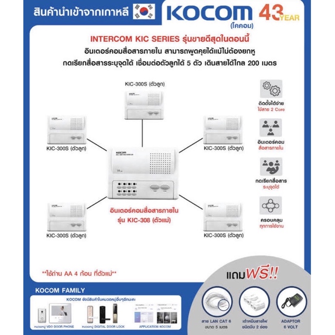 KOCOM INTERCOM อินเตอร์คอม สื่อสารภายใน รุ่น KIC-308 Main 8Ch (White) ตัวแม่ 1 ตัว + KIC-300S ...