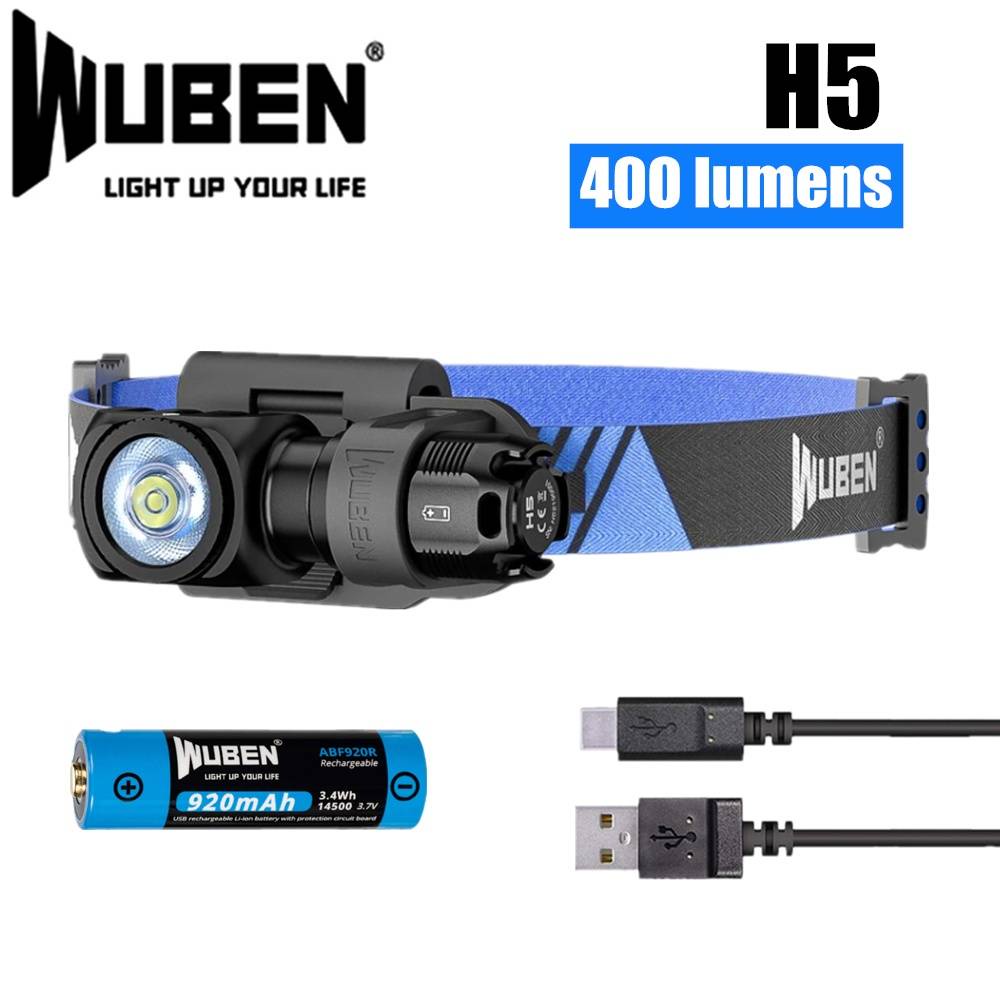 Wuben H5 ไฟฉายคาดศีรษะ LED ชาร์จ USB สูงสุด 400 ลูเมน กันน้ํา สําหรับ ...
