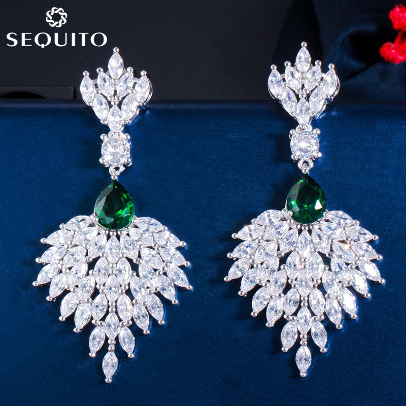 Sequito หรูหรามรกตสีเขียว Zirconia คริสตัลยาว Marquis Drop Dangle ต ่ ...