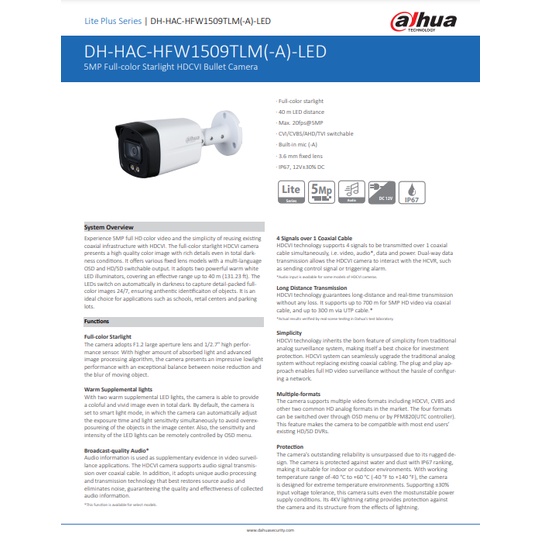 DAHUA กล้องวงจรปิด Full color 5MP รุ่น DH-HAC-HFW1509TLMP-A-LED 3.6 ...