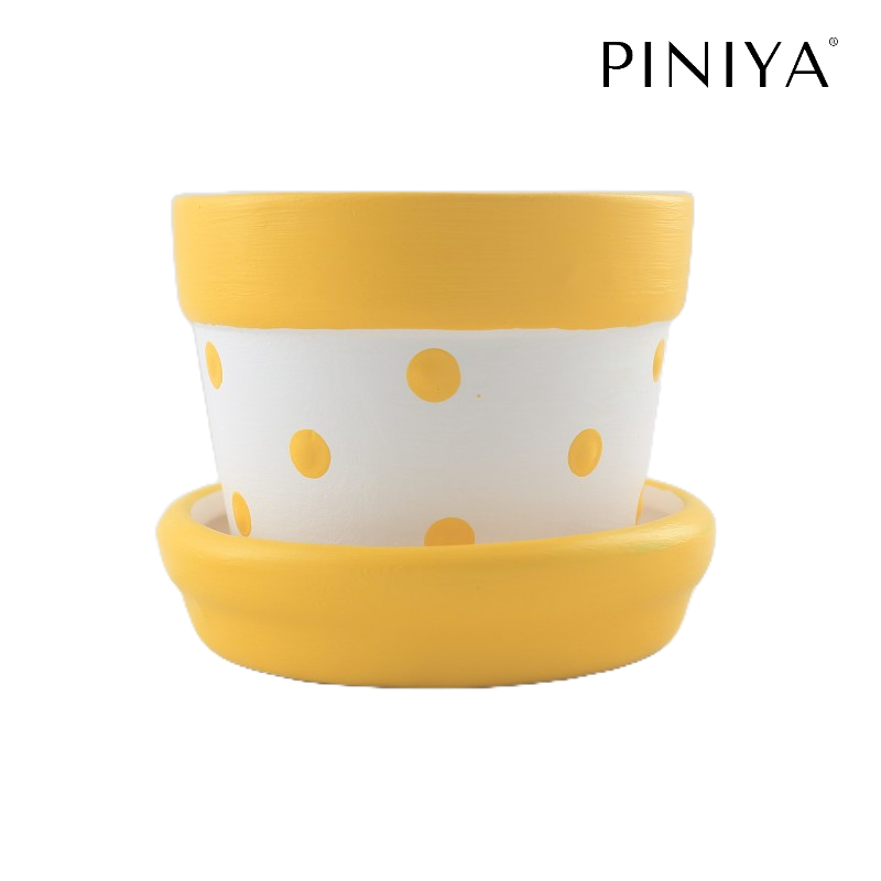 Piniya พินิยา - กระถางต้นไม้ ดินเผา รุ่น กลมใหญ่, 12ซม., ลายจุดสี, สี ...
