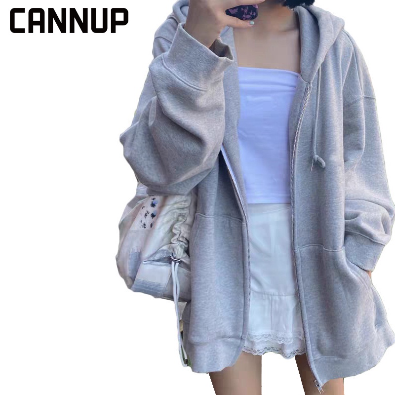 CANNUP เสื้อฮู้ดกันหนาว มีซิป ทรงหลวม สไตล์สปอร์ต สำหรับผู้หญิงoversize ...