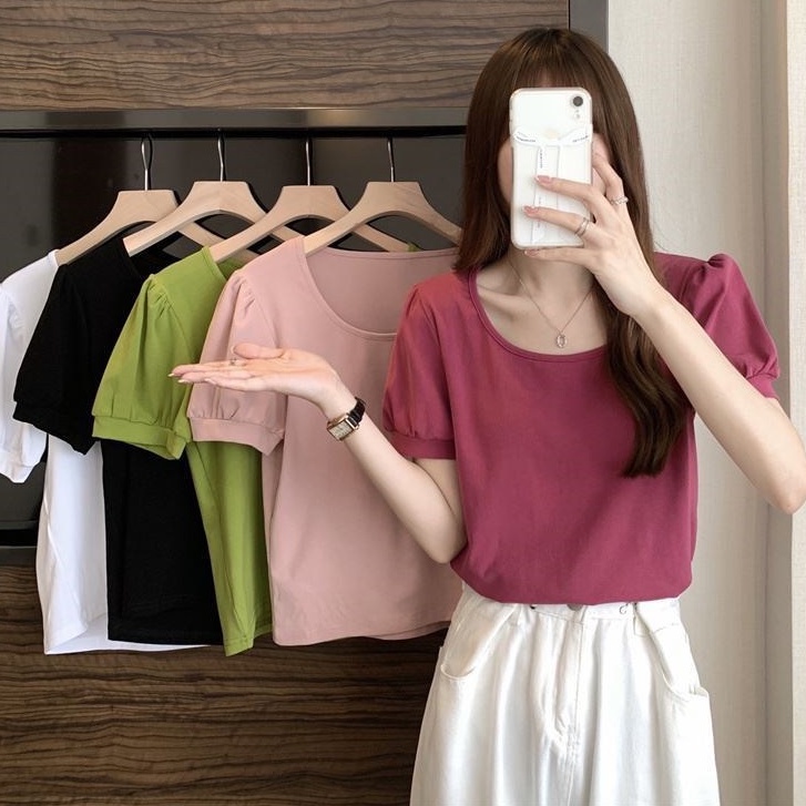 【WANG JIAO ZHAN】 ใหม่ เสื้อยืดคอกลม แขนสั้น สีพื้น สไตล์ฝรั่งเศส【9902 ...