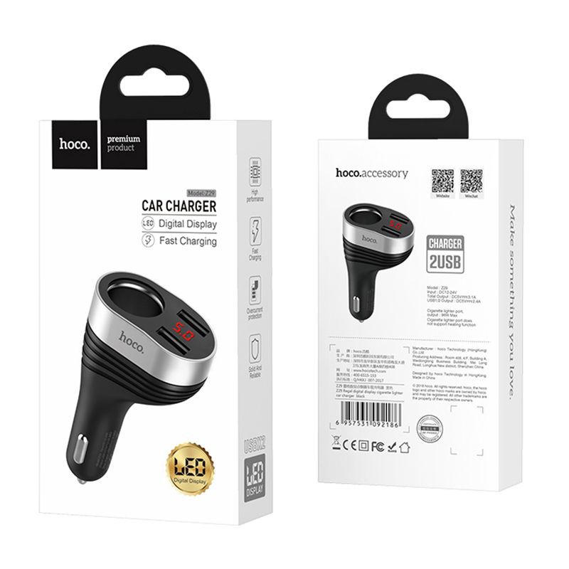 hoco Z29 หัวชาร์จในรถ Car Charger 96w 3.1Aชาร์จเร็ว 2 พอร์ต USB ด้วยจอแสดงผลแรงดันไฟฟ้า LED ...