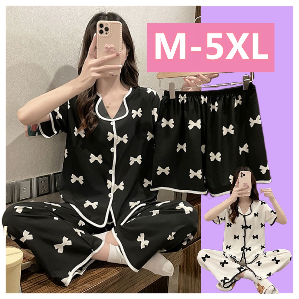 ชุดนอน เสื้อแขนสั้น กางเกงขาสั้น ผ้าซาติน ผ้าไหม พลัสไซซ์ สําหรับผู้หญิง ไซซ์ M-5XL 3 ชิ้น ...