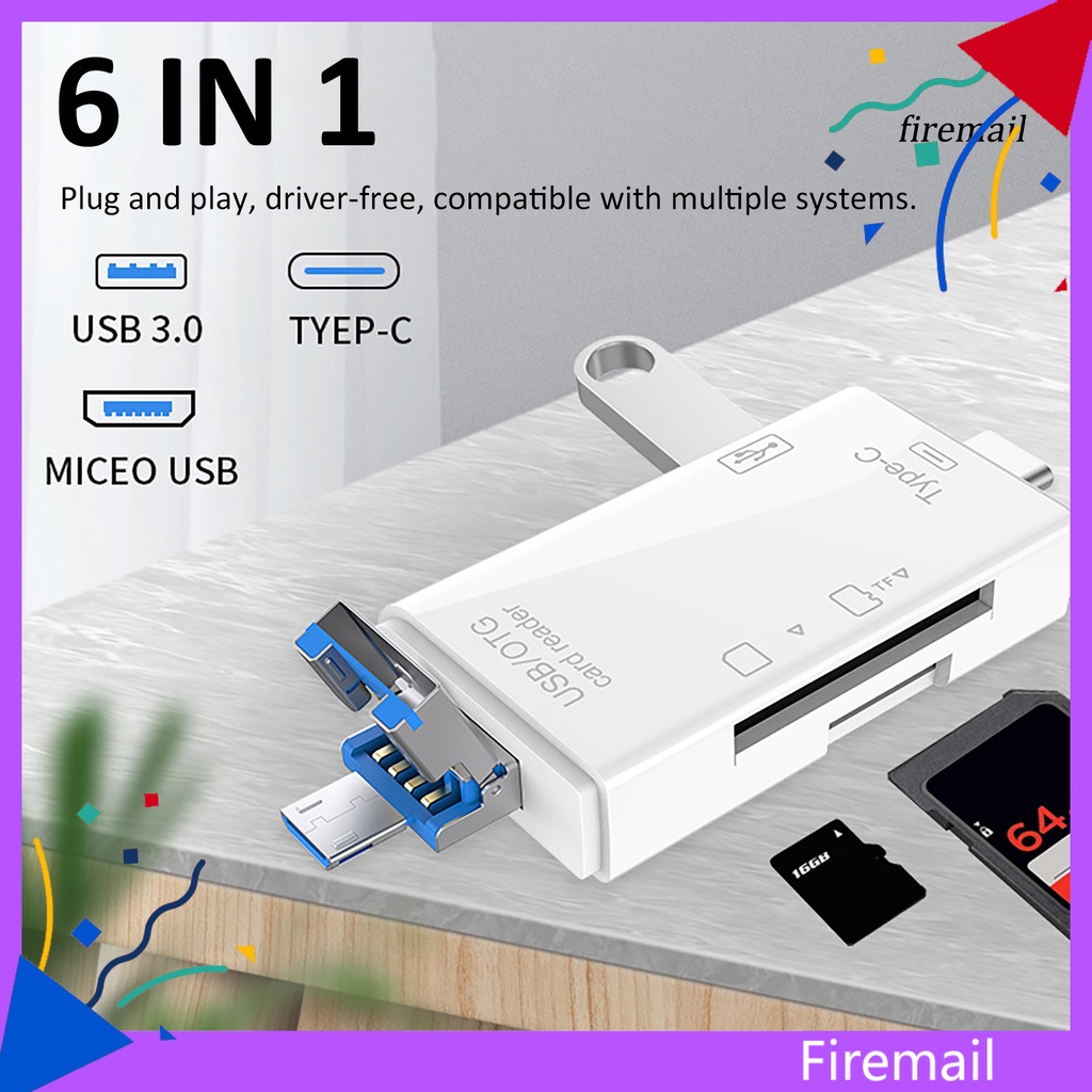 Firemail 6-in-1 อะแดปเตอร์การ์ดรีดเดอร์ Usb 3.0 Type-C Tf-Sd Otg ...